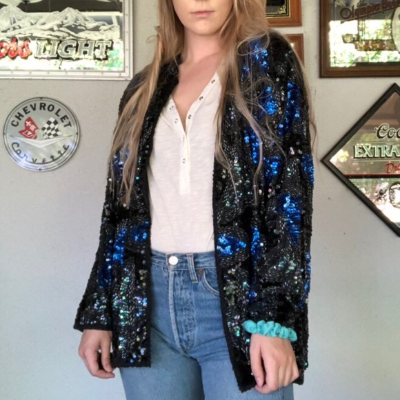 American Vintage | Sweaters | Vintage Blue Sparkly Sweater Duster ...
